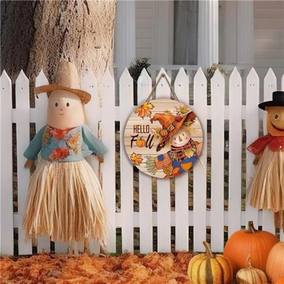 Holiday | Hello Fall Autumn Scarecrow Door Sign For Porch Pumpkins ...